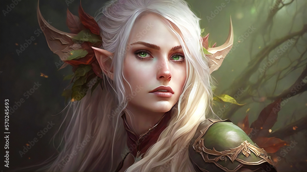 Elf woman, portrait, sacred forest, fantasy world, digital illustration ...