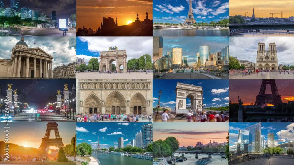 Multi Screen Collage of Paris timelapse hyperlapse, France. Collection ...