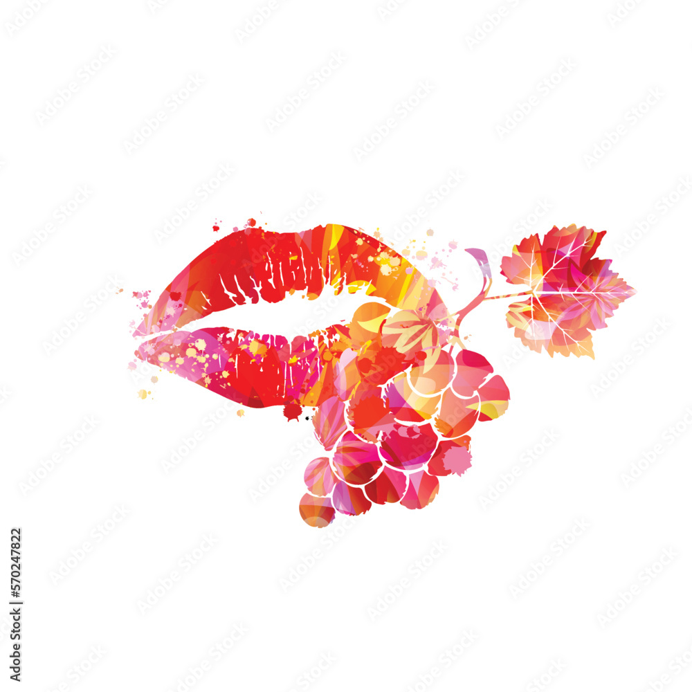 Eating grapes design in pink color. Healthy food. Mouth, grape and ...