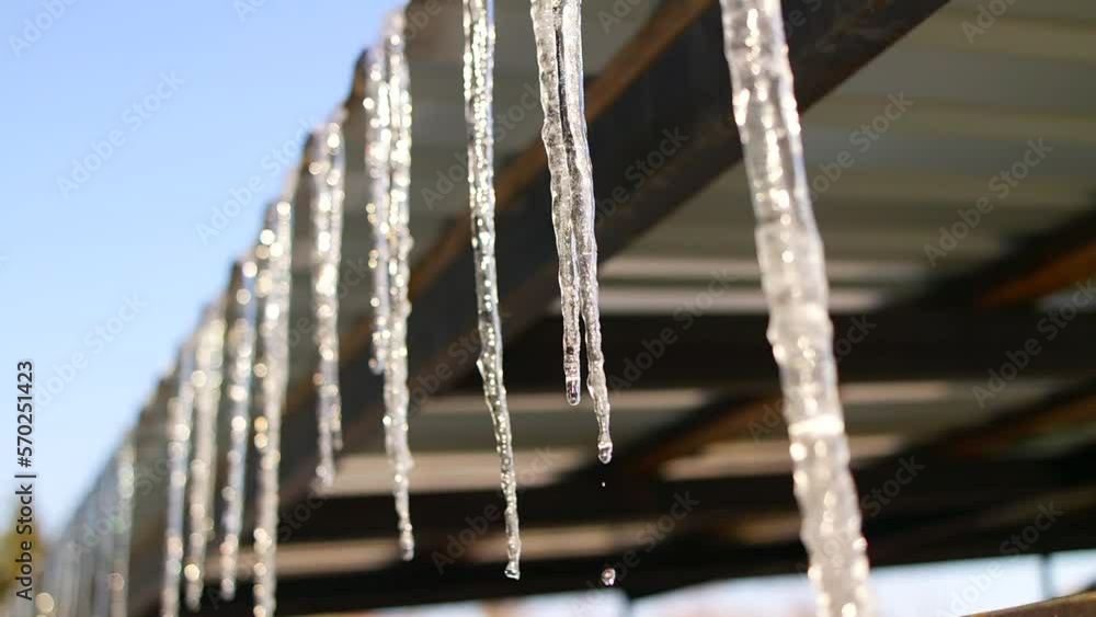 icicles on the roof. Close up of suspended single icicle melting in UK ...
