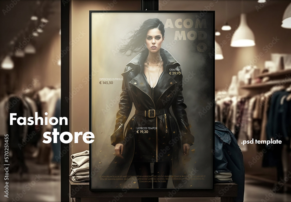 Fashion store interior poster design mockup Stock Template | Adobe Stock