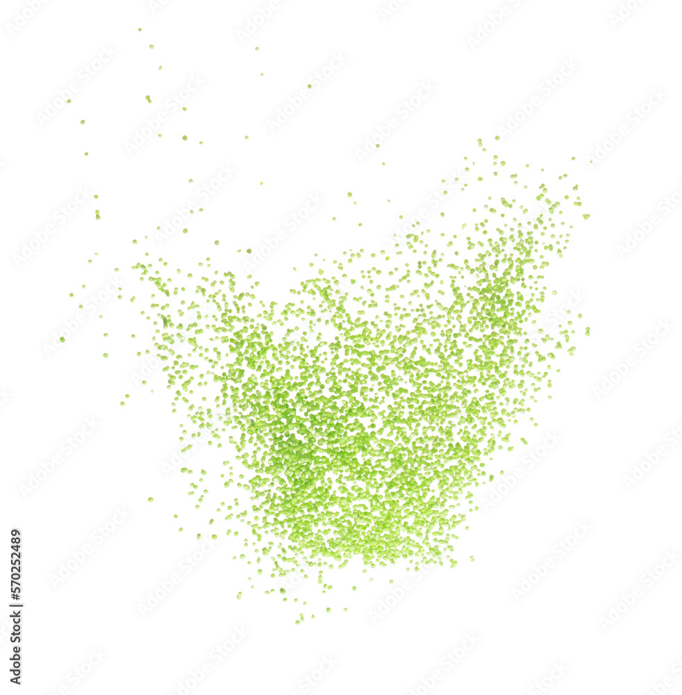 Sago seeds flying explosion, green grain wave floating. Abstract cloud ...