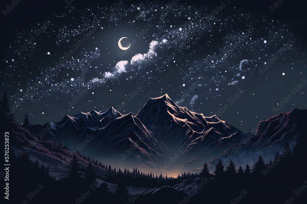Illustration of a night sky with stars, moon, and constellations. Stock ...