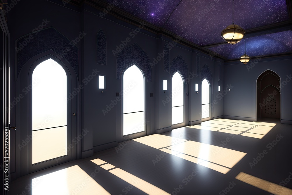 Islamic background painting. Mosque and shadows. Light rays from mosque ...