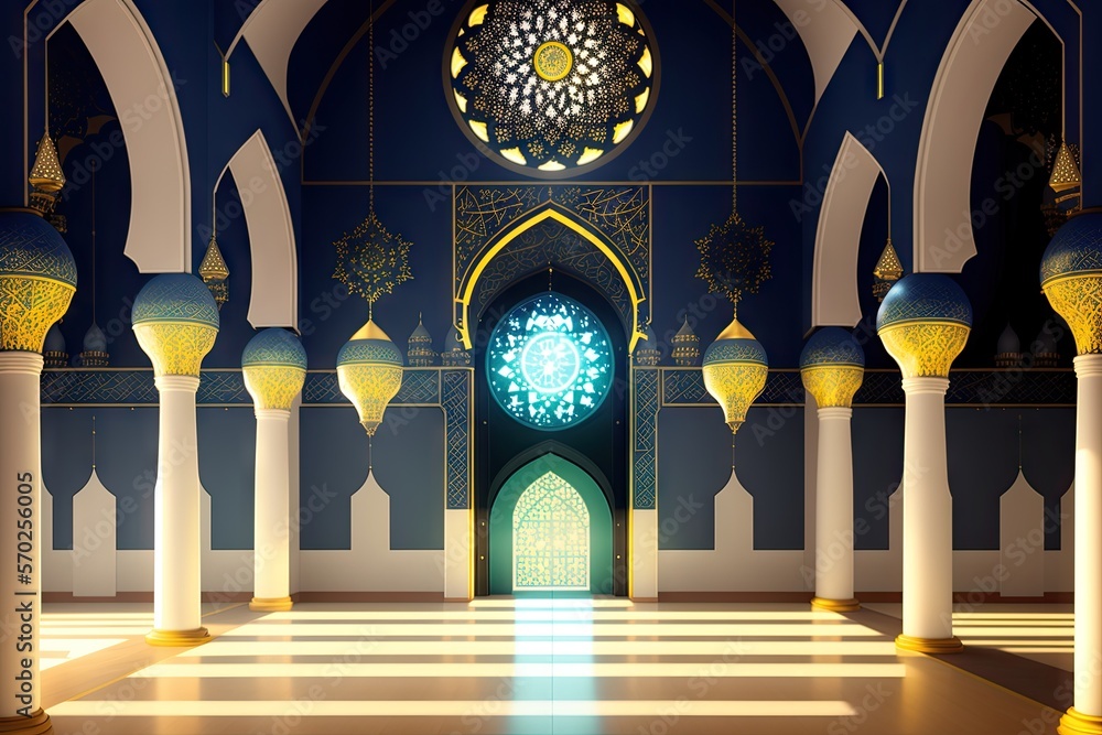 Islamic background painting. Mosque and shadows. Light rays from mosque ...