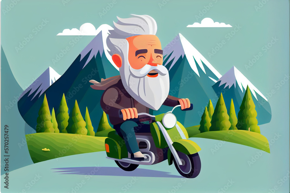 blackbeard man avatar on motorbike. Smiling elderly man with beard with ...