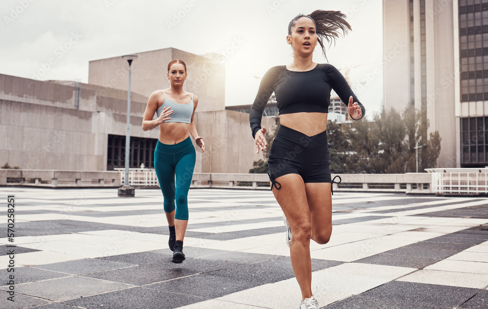 Women, running and fitness in city with cardio, exercise friends and ...