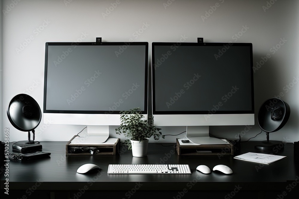 a desk with two black screen computer monitors. a desk, two computers ...