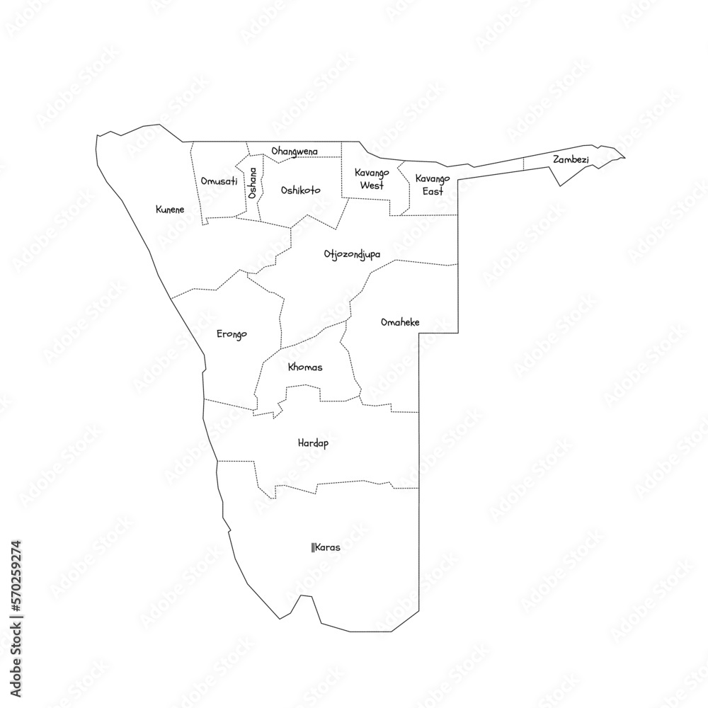 Namibia political map of administrative divisions - regions. Handdrawn ...