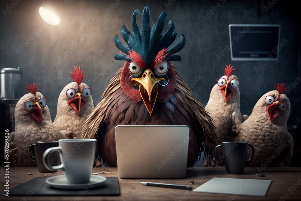 Angry rooster boss and four hens behind a laptop, office work concept ...