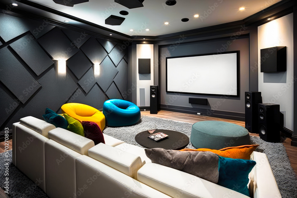 A contemporary home theater with bold accent walls and plush seating ...