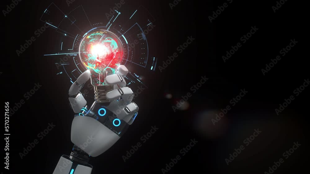 4k Video Humanoid Robot Hand Bulb, AI Creativity. ProRes 4444. Stock ...