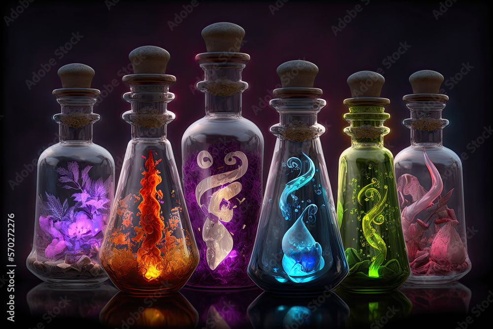 colourful potion bottles, alchemy. Generative AI image. Stock ...