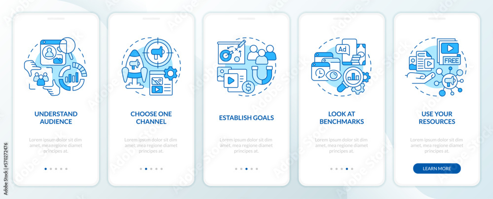 Start Social Media Advertising Blue Onboarding Mobile App Screen Walkthrough 5 Steps Editable