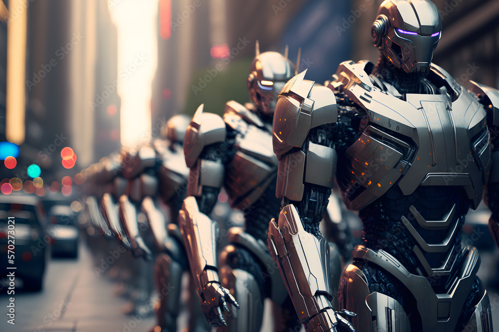Many modern futuristic male humanoid robots with metal outfit. Neural ...