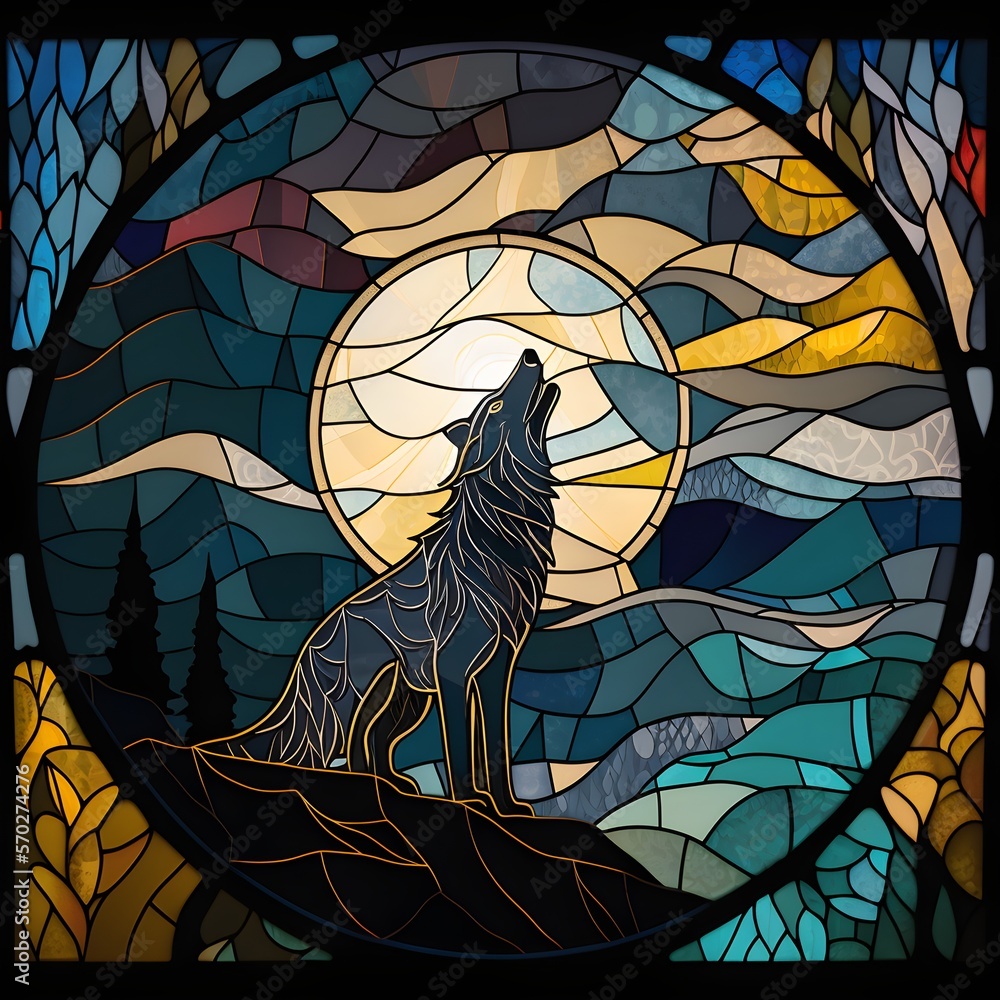 Wolf howling at the moon in a stained glass window Stock Illustration ...