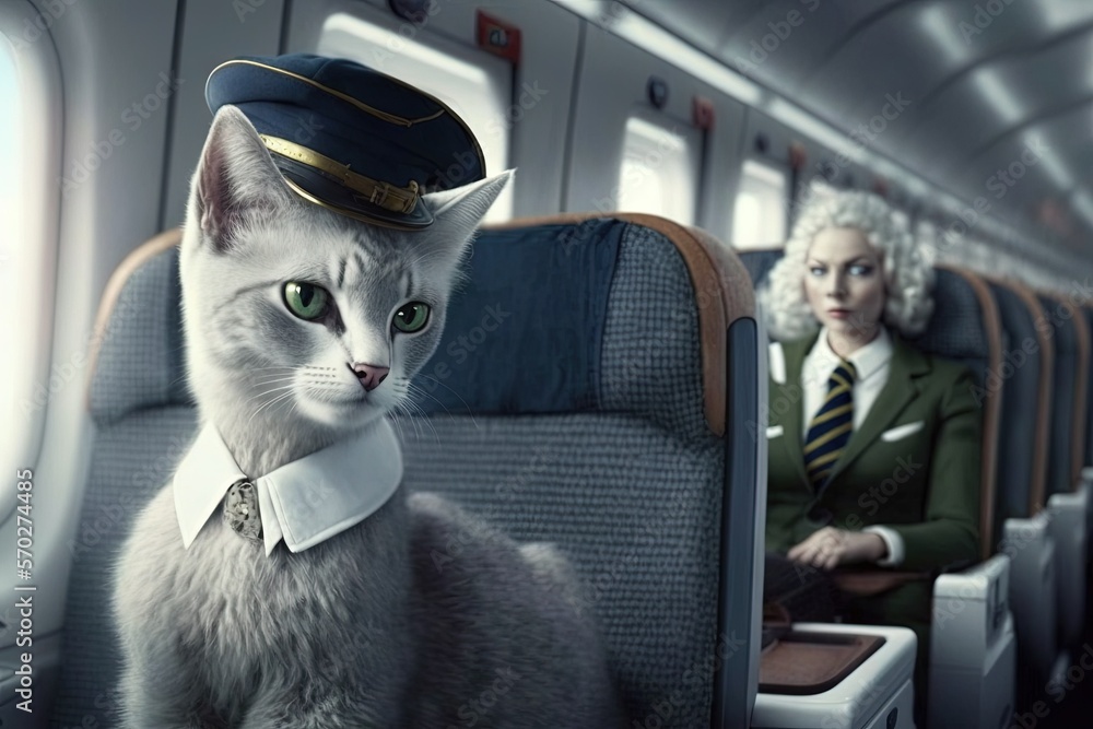 Cat As flight attendant wearing hostess uniform inside plane cabin ...