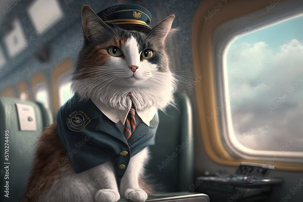 Cat As flight attendant wearing hostess uniform inside plane cabin ...