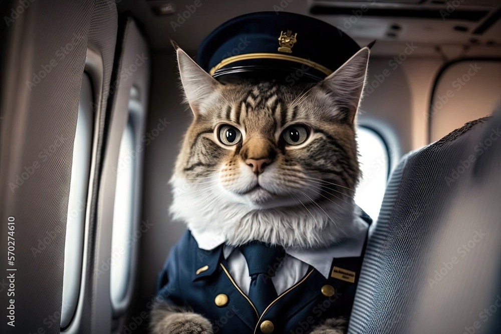 Steward Cat As flight attendant wearing hostess uniform inside plane ...