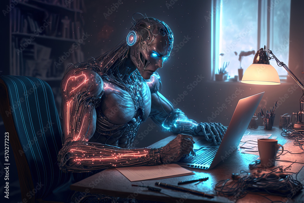 A cyborg humanoid robot sitting in his room/studio, writing on a ...