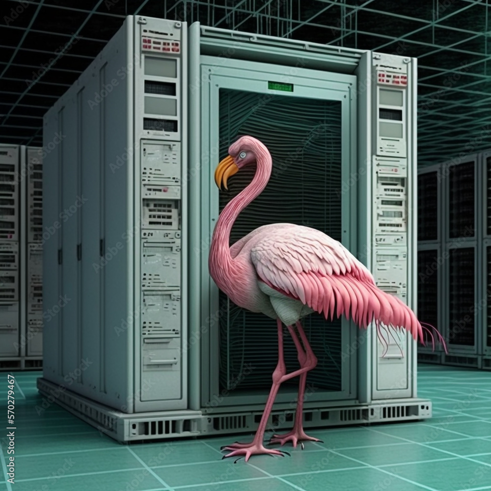 pink flamingo alone in a data center room with hardware computer cases ...