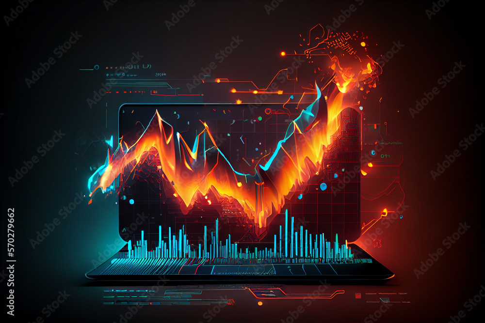 laptop is on fire.glowing blue plasma flame. flame shaped stock chart ...