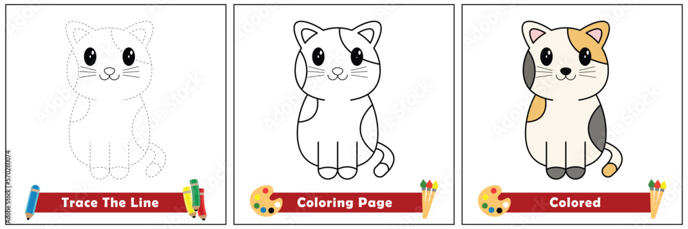 trace and color for kids, coloring book for kids, cat kawaii vector ...