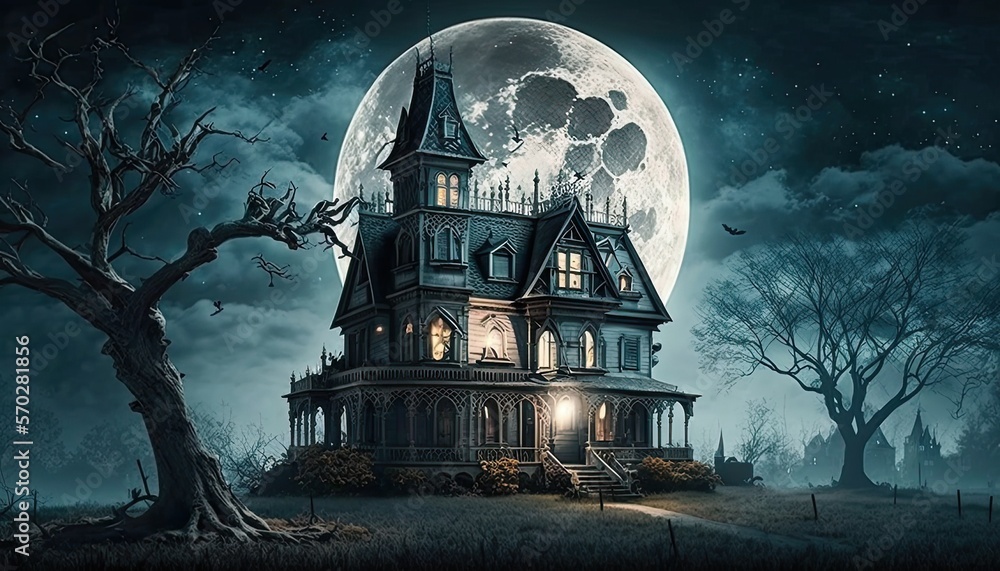 Spooky haunted house with a full moon in the background generative ai Stock Illustration | Adobe ...
