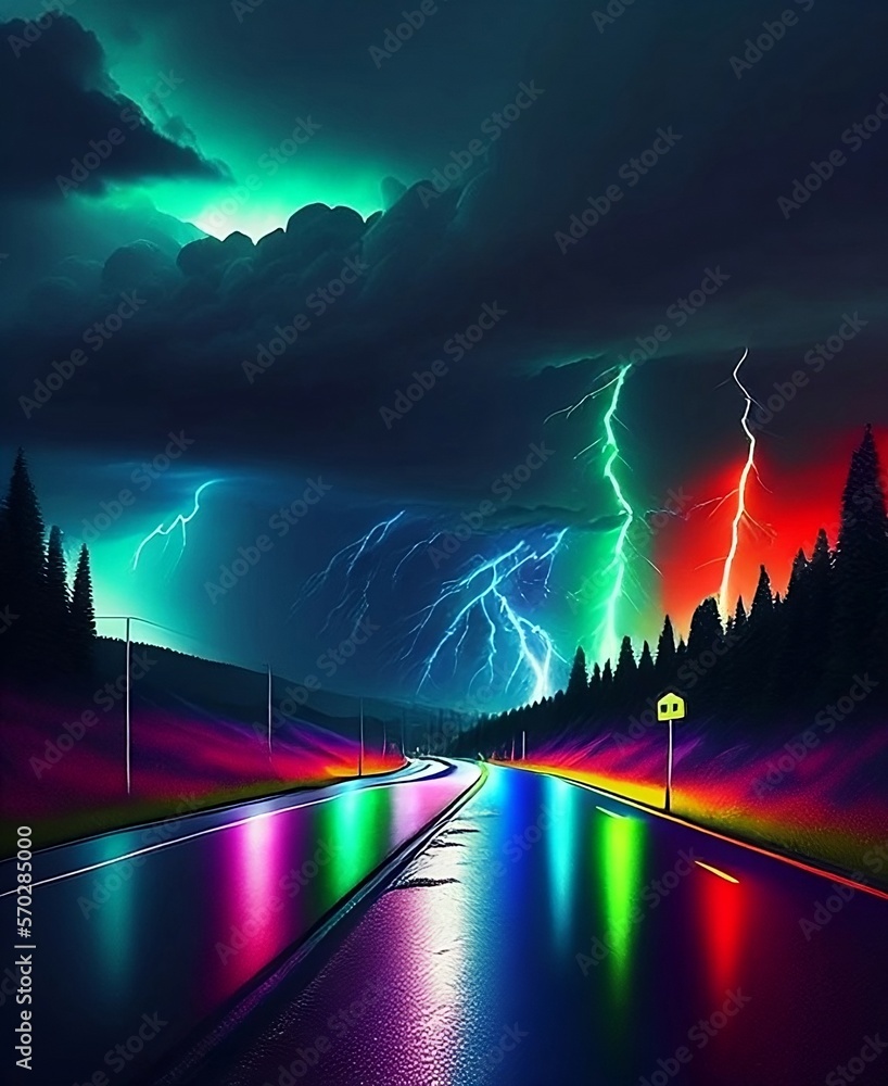 Thunder, lighting, rainbow, colorful, dark sky, rain, reflective roads ...