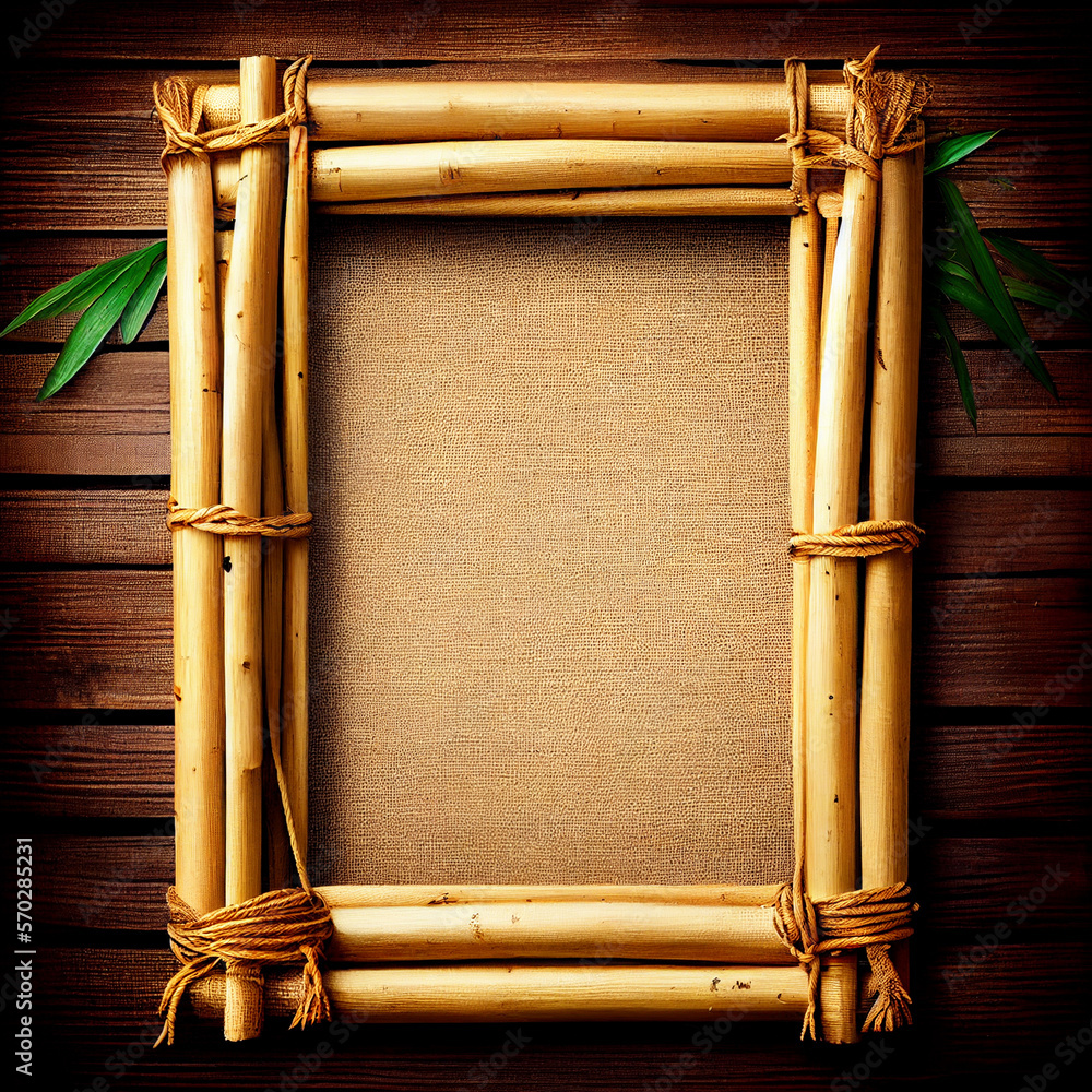 Bamboo frame with burlap canvas, ropes and leaves on wooden table ...