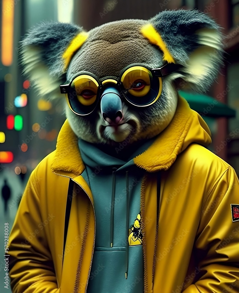 90s vintage, a koala bear smoking cigar, wearing yellow jacket and ...
