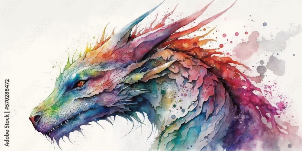 Stunning watercolor depicting a rainbow dragon with brilliant colors ...