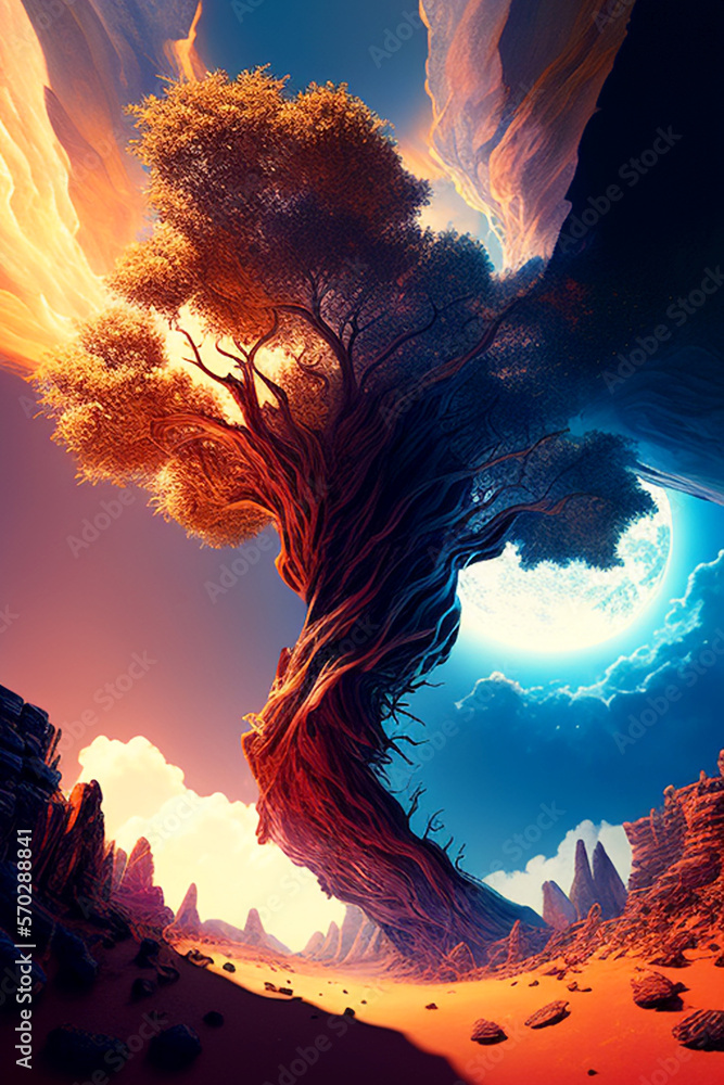 Digital painting of planet landscapes space the oak tree. Ultra fantasy ...