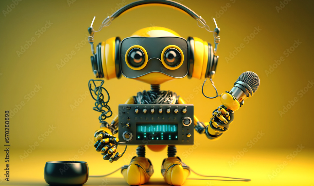 An optimistic ethnic robot records a podcast as a radio host with ...