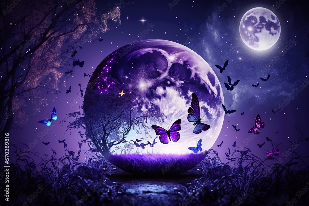 Magical fantasy romantic night background with full moon and glowing ...