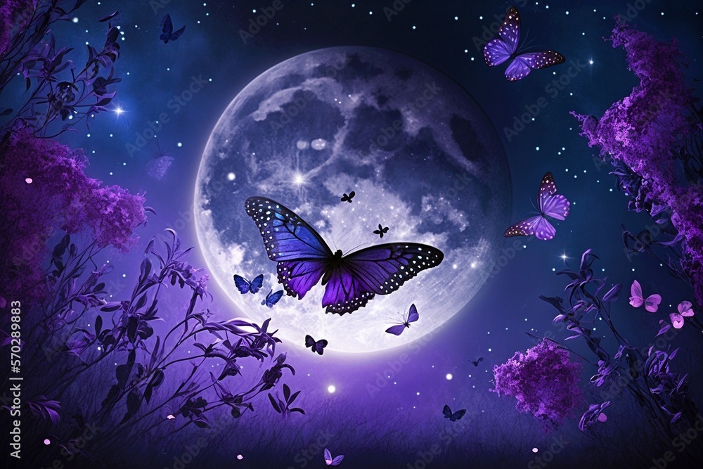 Magical fantasy romantic night background with full moon and glowing ...