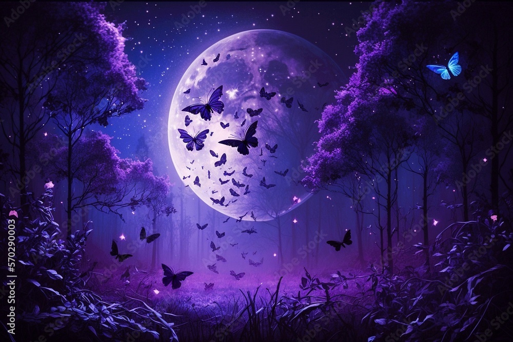 Magical fantasy romantic night background with full moon and glowing ...