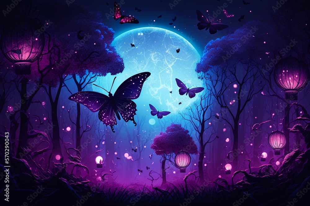 Magical fantasy romantic night background with full moon and glowing ...