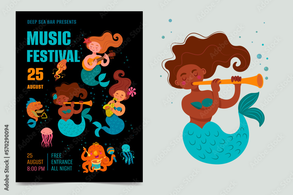 Poster for music festival. The mermaid plays the guitar, the mermaid ...