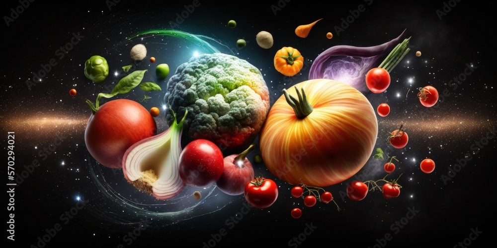 Universe of vegetables that look like planets in space. Tomatoes ...