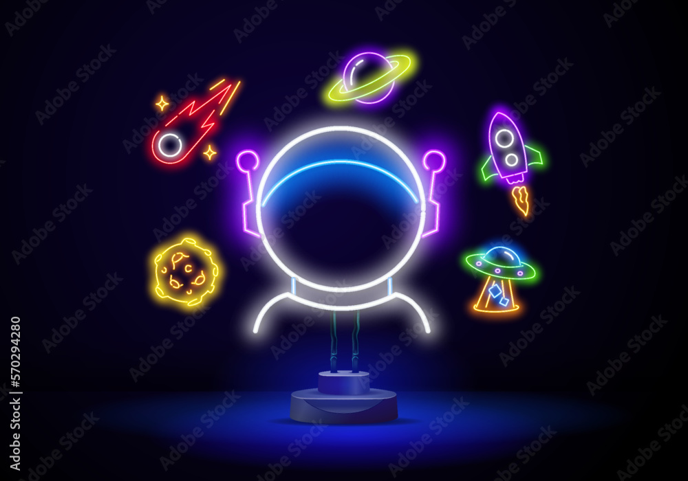 Cosmic neon sign, bright signboard, light banner. Space and Cosmonaut ...