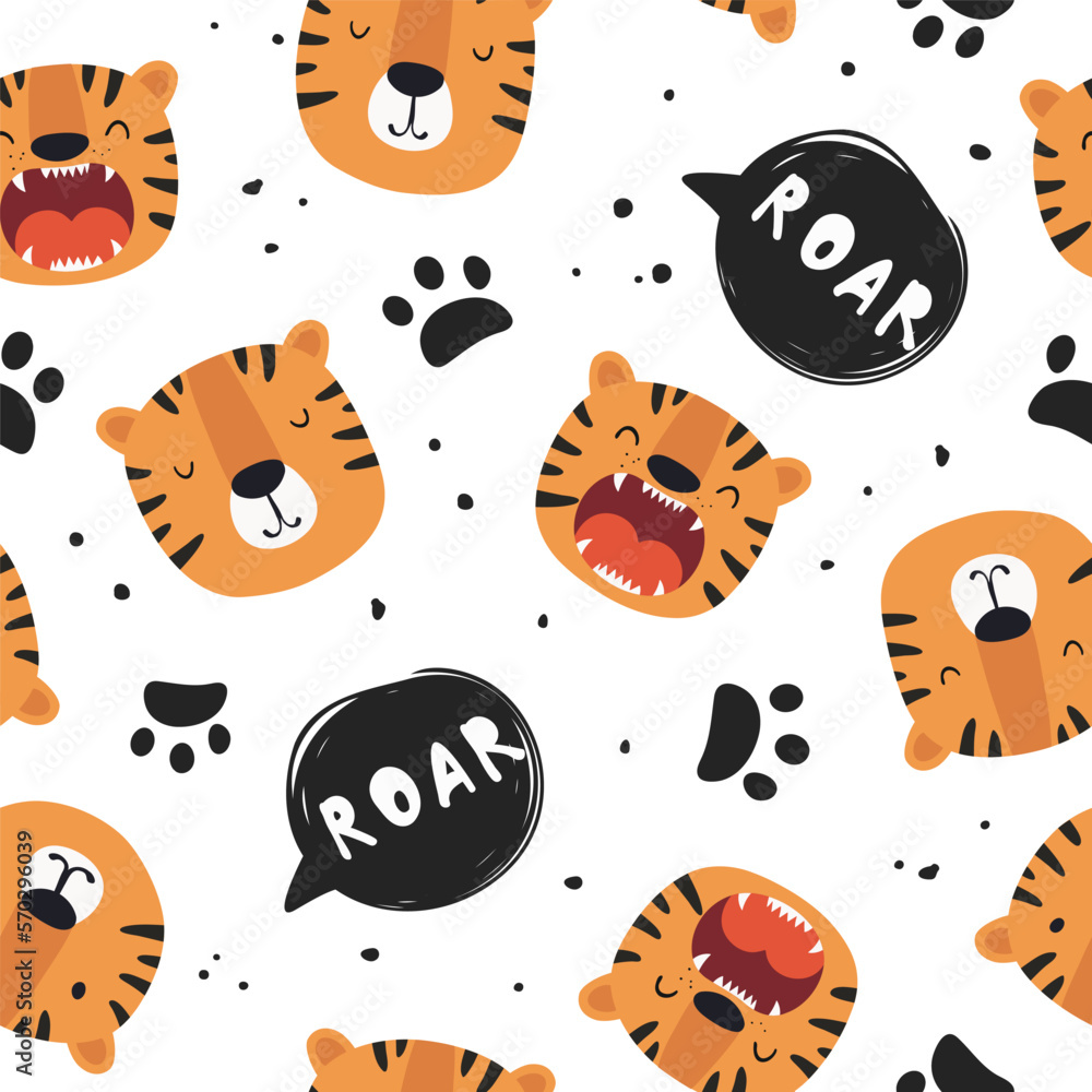 Seamless pattern with face of cute tiger. Vector illustration in flat ...