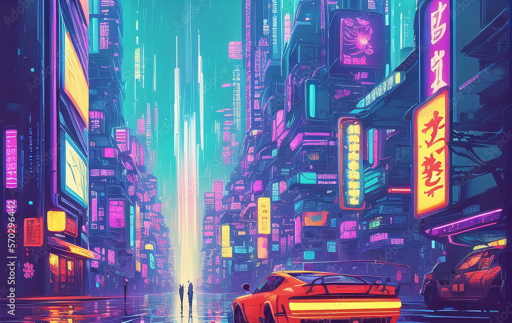 Cyberpunk Poster 80s style. Retro style, neon, futuristic, landscape ...