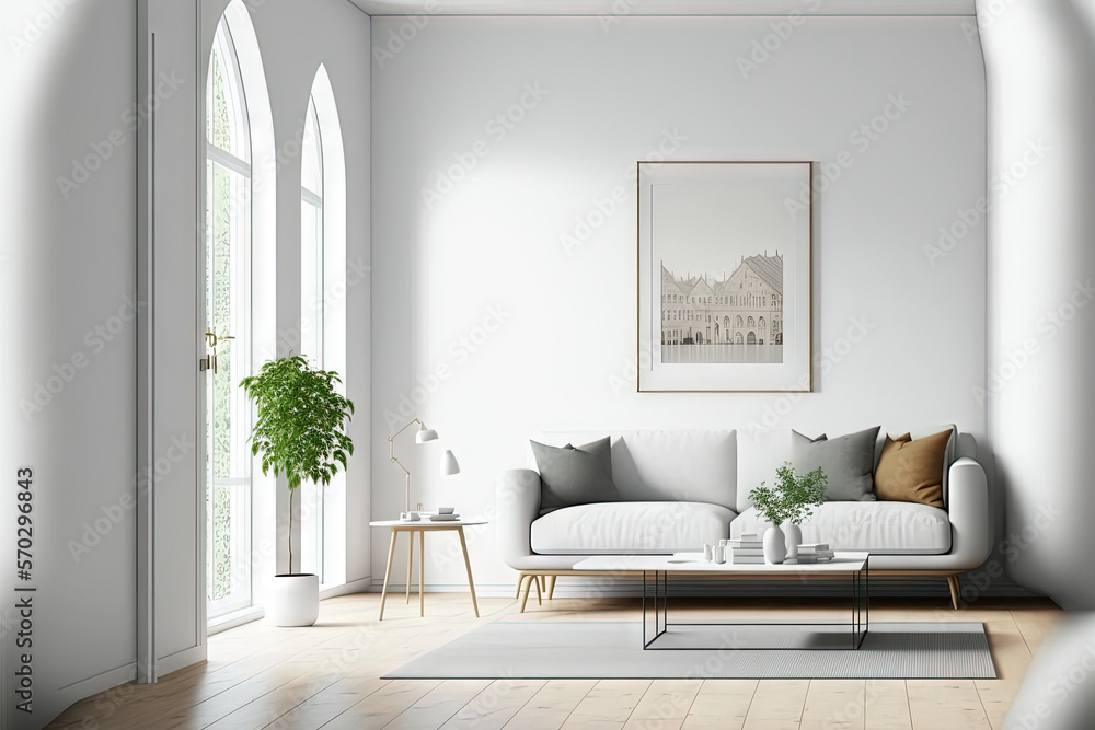 Front view on bright living room interior with sofa, empty white wall ...