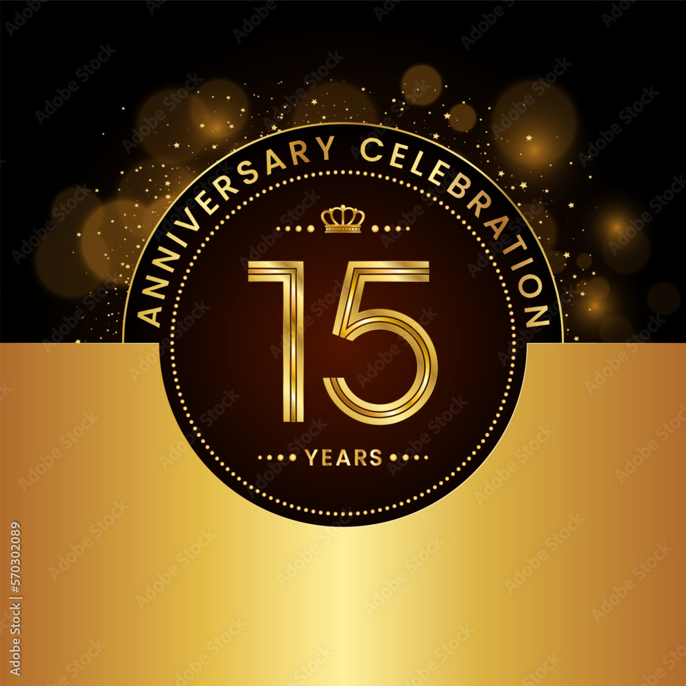 15th Anniversary Celebration. logo design with golden numbers and text ...
