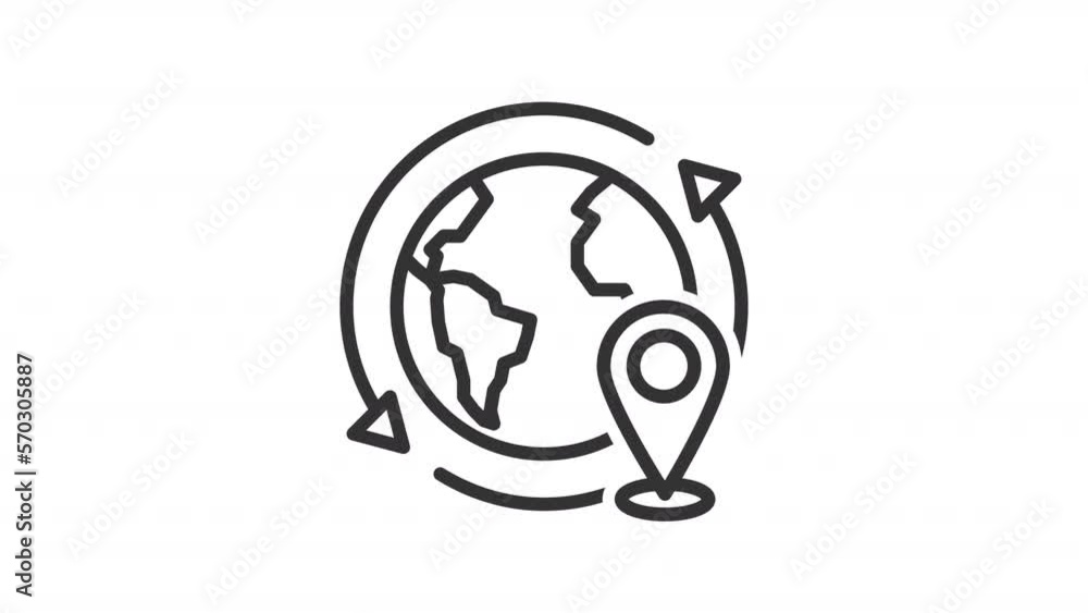 Animated world trip linear icon. Flying around world. Transportation ...