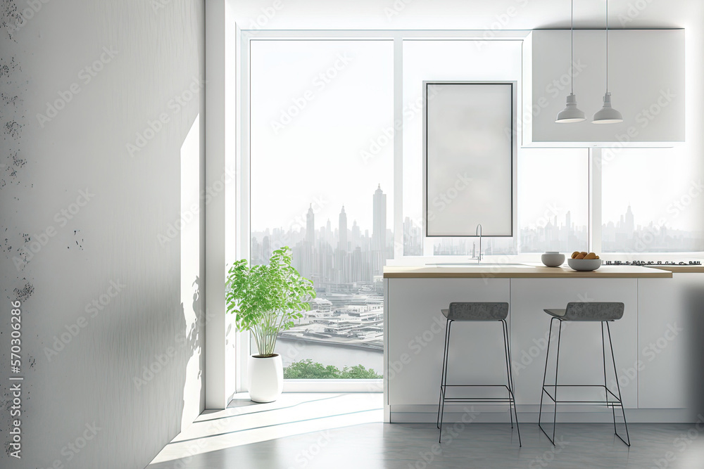 Corner view on bright kitchen room interior with empty white poster ...