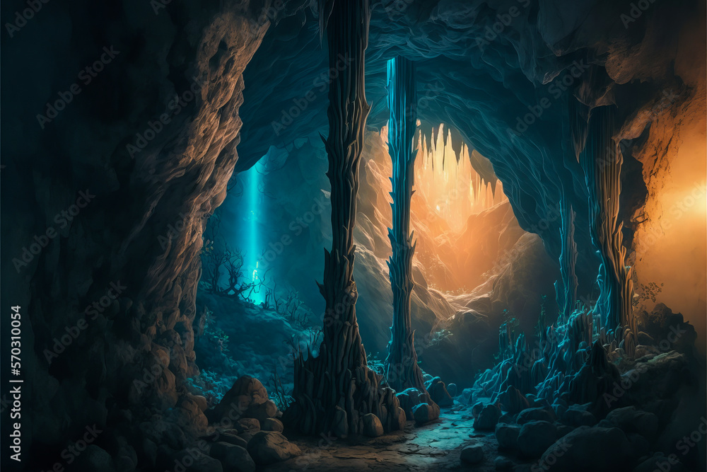 An underground cave and its dark passages with mysterious colors, with ...