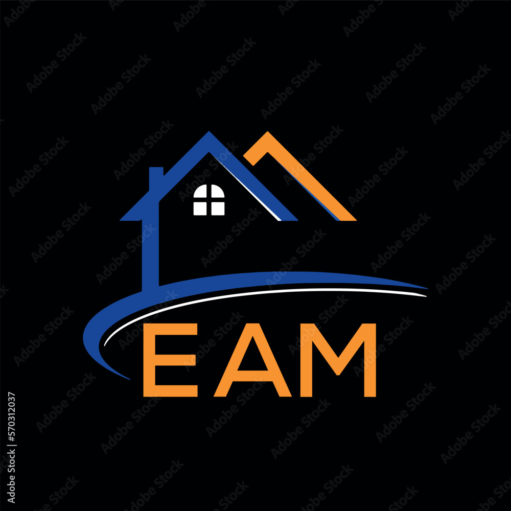 EAM house logo, letter logo. EAM blue image on black background and ...