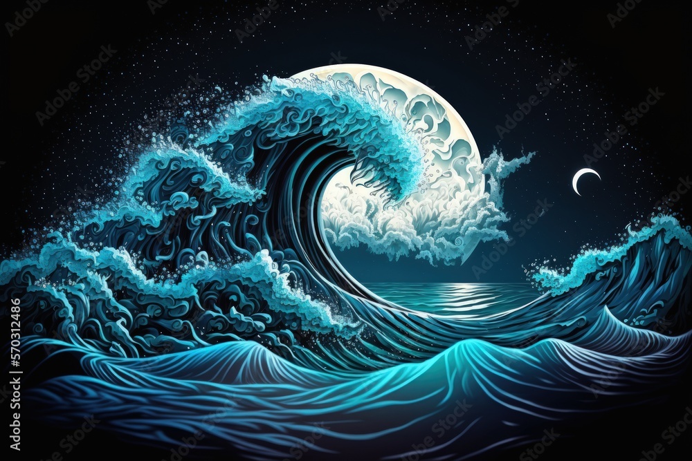 Ocean and a full moon in fantasy. Image of a sea wave under a starry ...